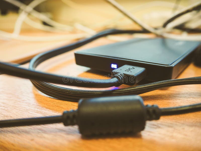 Black External Hard Disk Connecting into Usb Cable Stock Image - Image ...
