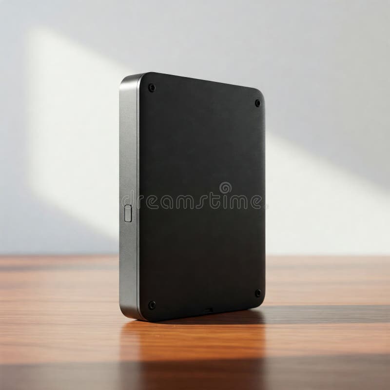 A Black External Hard Drive on a Wooden Surface. Space for Text. Stock ...