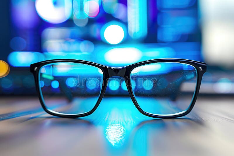 Black Eyeglasses Sit on a Desk in Front of a Computer Screen with Blue ...