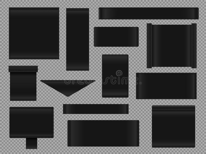 Black Fabric Tags. Realistic Horizontal Labels with Thread and Sewing ...