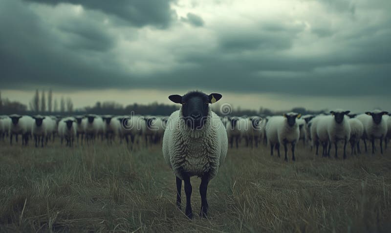 Black-faced Sheep Standing in Foreground with Flock in Background Under ...