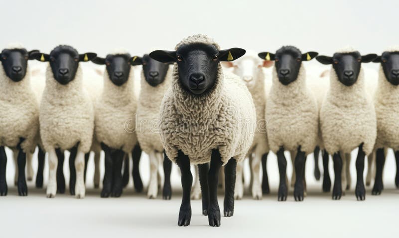 Black-faced Sheep Standing Out in a Flock of Fluffy White Sheep Stock ...