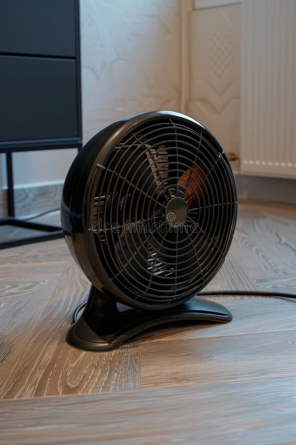 A Black Fan Sitting on a Wooden Floor. Perfect for Interior Design ...