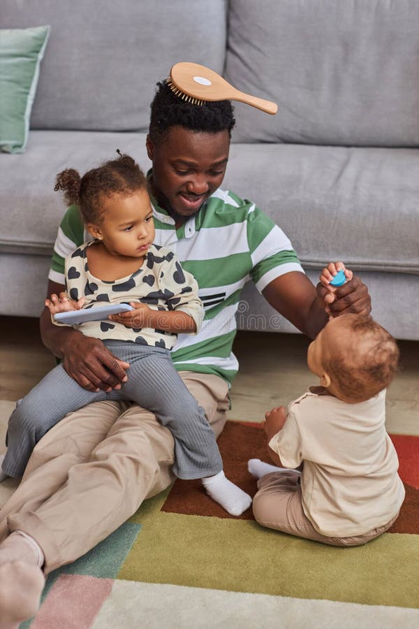 Black Father Playing with Two Children at Home Stock Photo - Image of ...