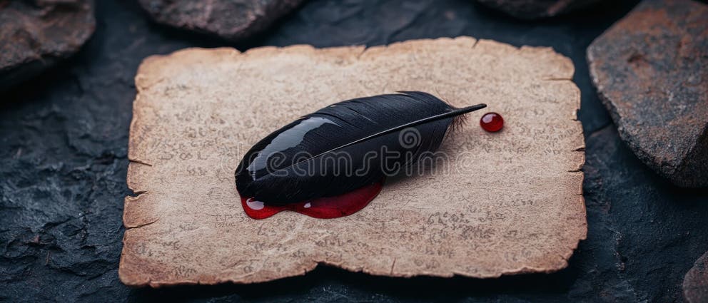 A Black Feather with Blood on an Old Parchment. Stock Illustration ...