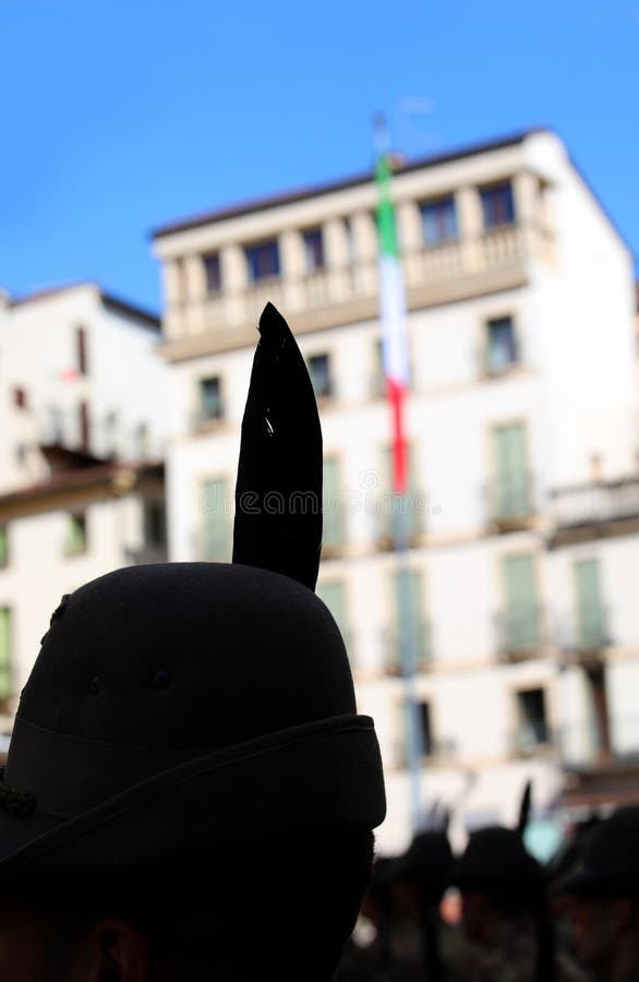 Black Feather Outline on Alpine Hat and Italian Flag Stock Photo ...