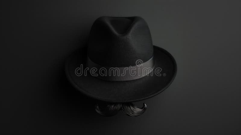 A Black Fedora Hat and a Black Moustache on a Dark Background Stock ...