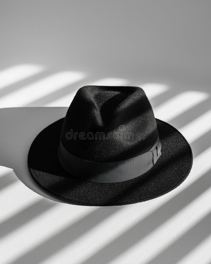 Black Fedora Hat with Stripes and Shadows Stock Image - Image of retro ...