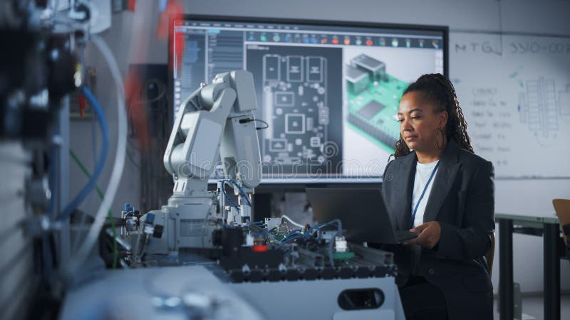 Black Female Developer Controls Robot Hand with Laptop, while Writing ...