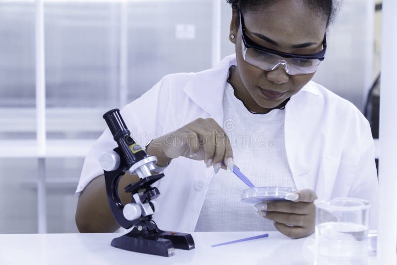 Black Female Doctor Student Examining and Analysis Virus Test Sample on ...