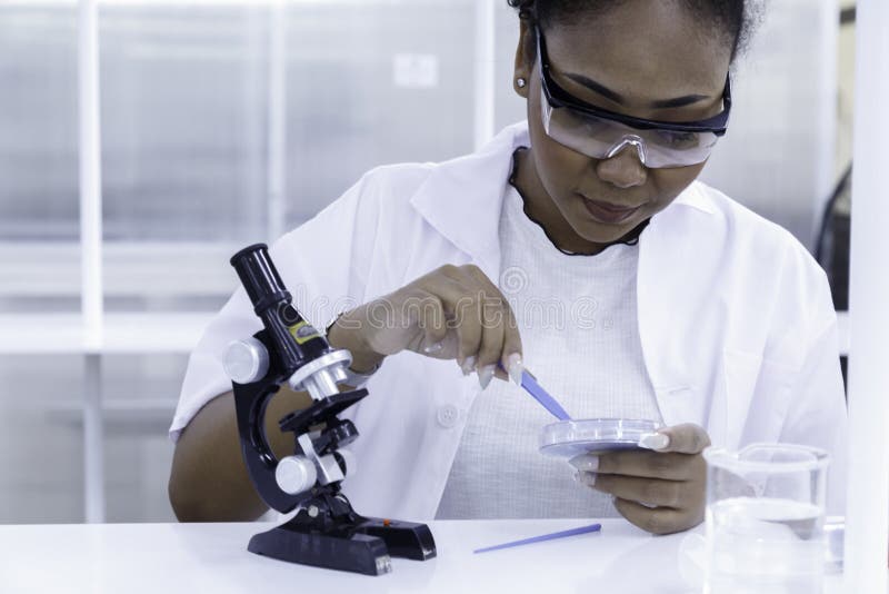 Black Female Doctor Student Examining and Analysis Virus Test Sample on ...