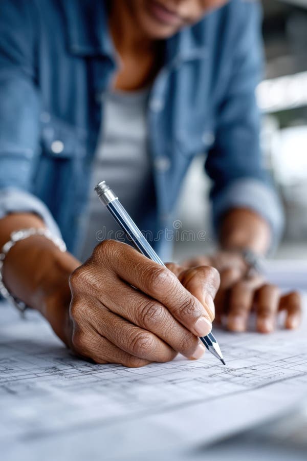Black Female Engineer Drafting Technical Sketches with Precision and ...