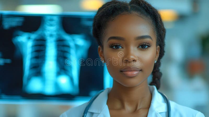 Black Female Radiologist Analyzing X-rays with Serious Expression Stock ...