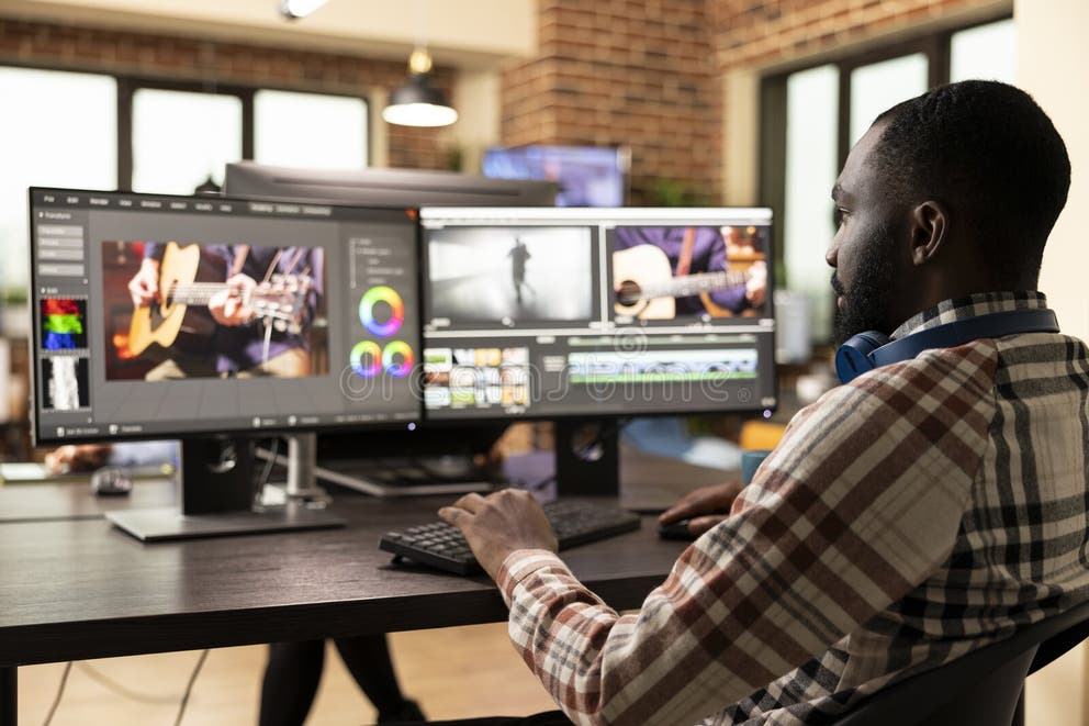 Black Filmmaker Using Editing Software Stock Photo - Image of ...