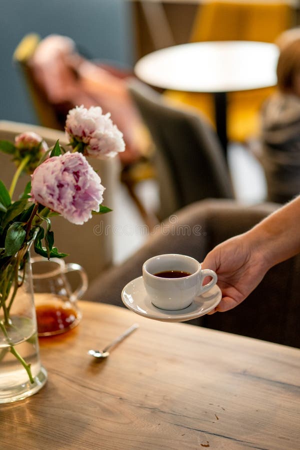 Black Filter Coffee on the Table in Cafe Glass Cup Hario Pour Over Cup ...