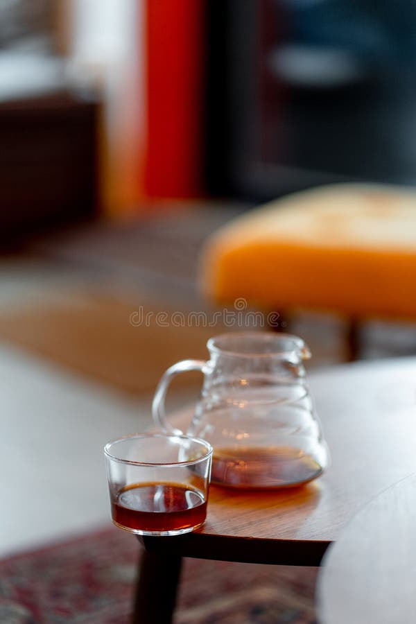 Black Filter Coffee on the Table in Cafe Service Kettle Hario Pour Over ...