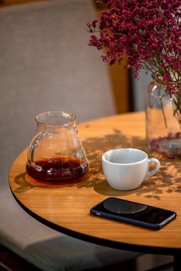 Black Filter Coffee on the Table in Cafe Service Kettle Hario Pour Over ...
