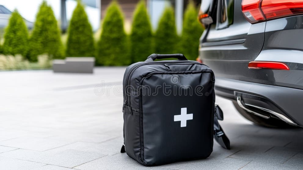 Black First Aid Kit Backpack beside Car in Driveway Stock Photo - Image ...