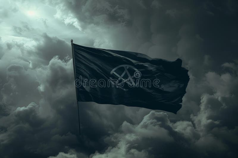 A Black Flag with an Anarchic Symbol Floating in the Sky, with a Dark ...