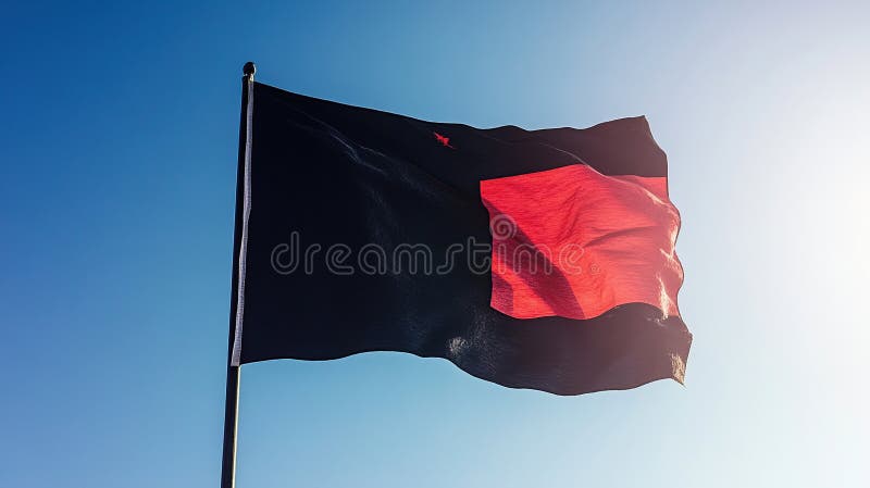 Black Flag with Red Square Waving in the Wind Stock Photo - Image of ...