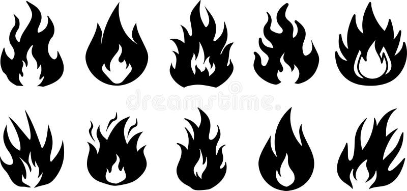 Black Flame Vector Icons Set Bold Fire Symbol Clipart Collection Stock ...
