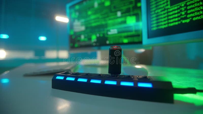 A Black Flash Drive with a Red Flashing Light is Inserted into the USB ...