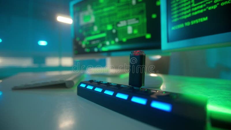 A Black Flash Drive with a Red Flashing Light is Inserted into the USB ...