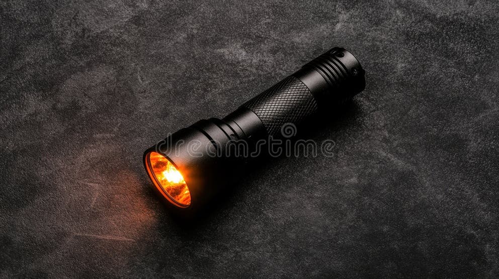 A Black Flashlight with a Bright Orange Light. Stock Image - Image of ...