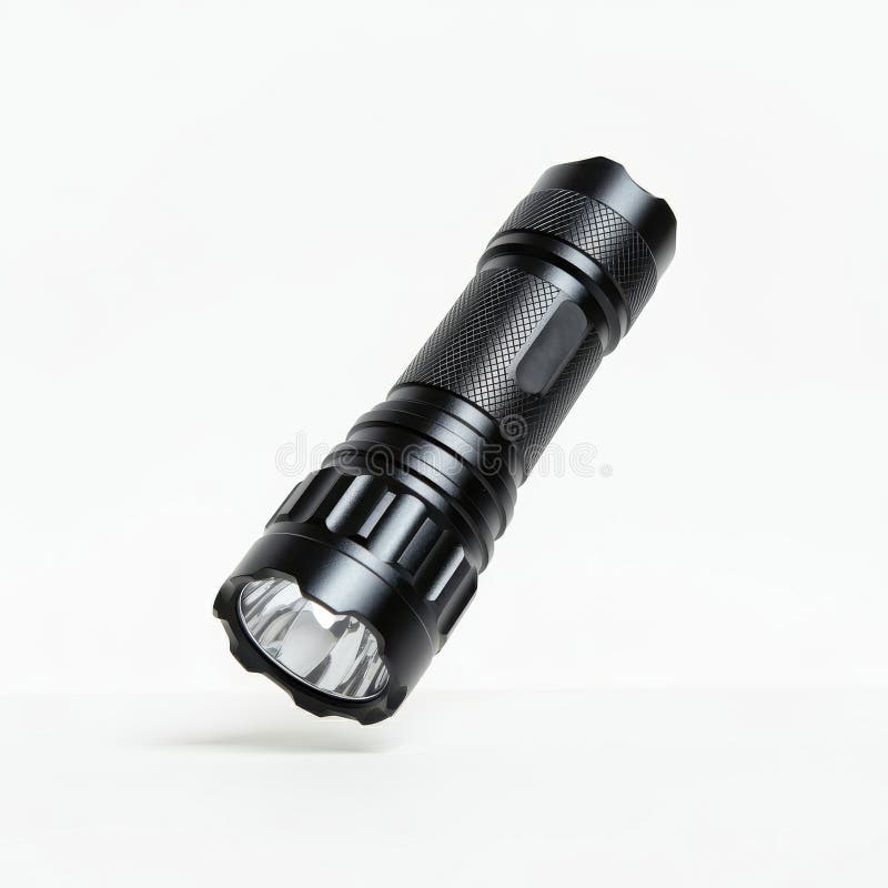 Black Flashlight with a Cylindrical, Textured Grip and Metallic Finish ...