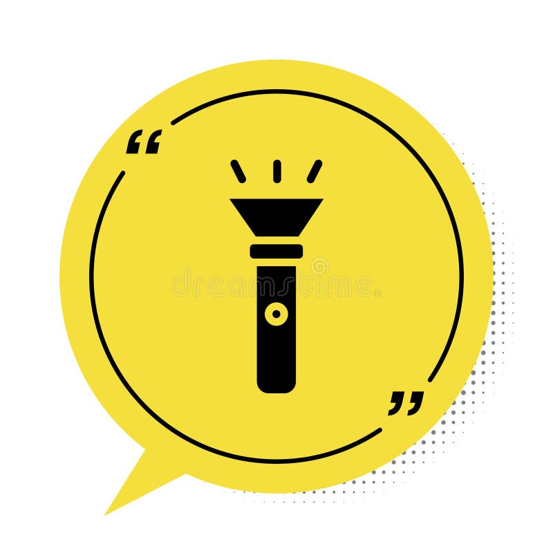 Black Flashlight Icon Isolated on White Background. Yellow Speech ...