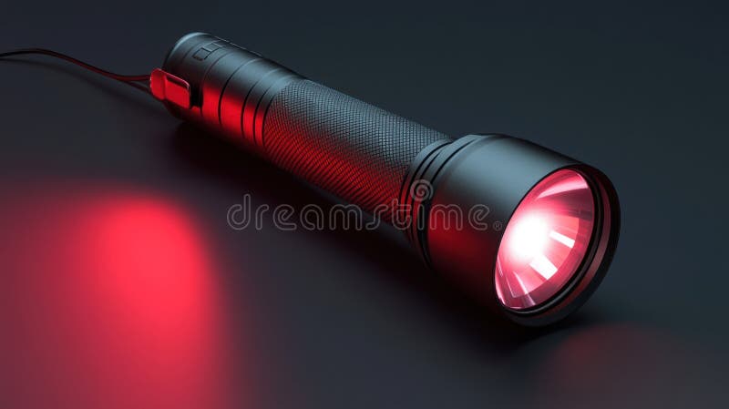 Black Flashlight with Red Glowing Light on Dark Surface Stock Image ...
