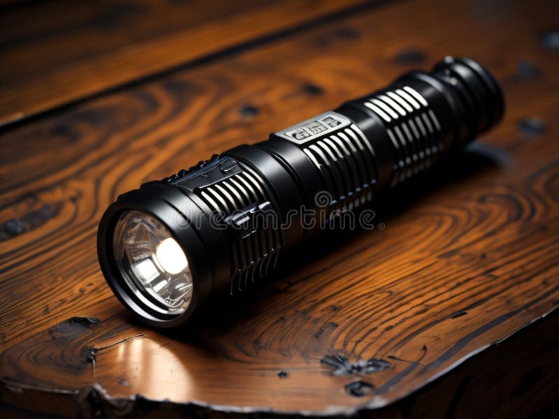 Black Flashlight on Wood Table Stock Illustration - Illustration of ...