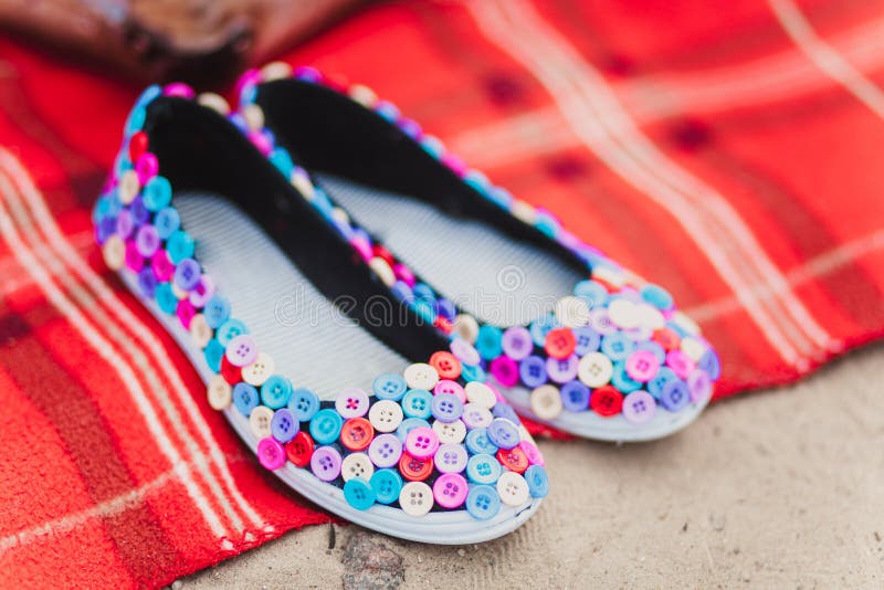 Black Flat Shoes Made from Textile Covered with Colored Buttons. Stock ...