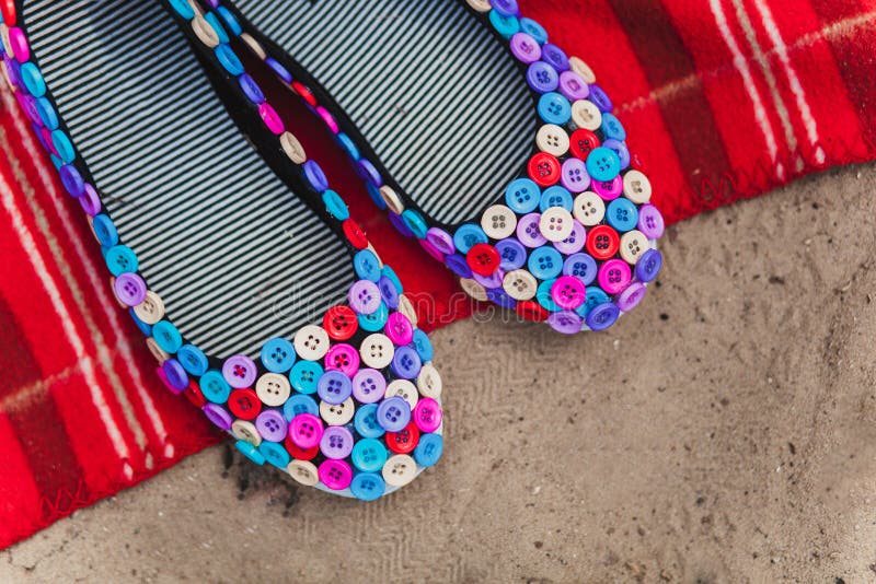 Black Flat Shoes Made from Textile Covered with Colored Buttons. Stock ...