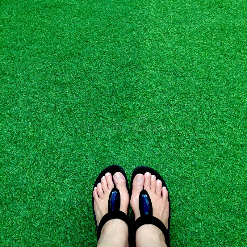 Black Flip Flops on Green Lush Artificial Grass, Summer and Vacations ...