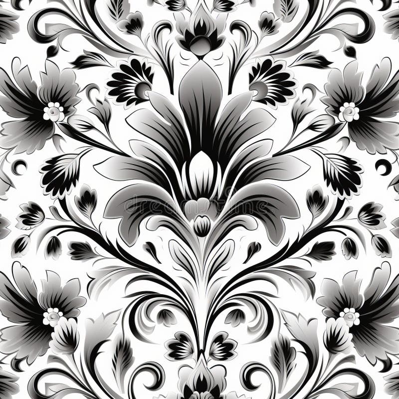 Black Floral Pattern on White Background: Multidimensional Shading and ...