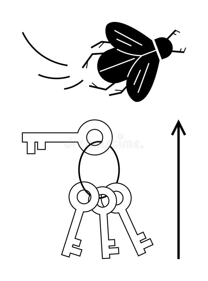 Black Fly with Flight Path and Three Hanging Retro Keys on Ring with ...