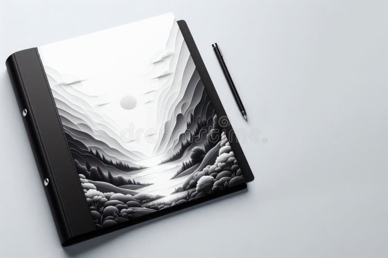 A Black Folder with a Beautiful Landscape on the Cover. Space for Text ...