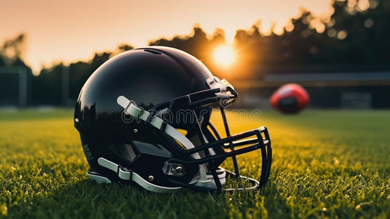 Black Football Helmet is on the Grass Stock Photo - Image of game ...