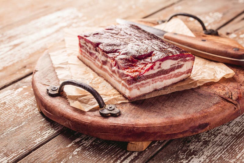 Black Forest Ham, Bacon on Wooden Kitchen Table, Dry Cured Pork Stock ...