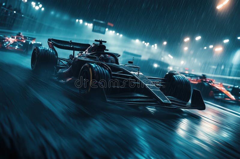 Black Formula 1 Car Racing at Night in the Rain Stock Image - Image of ...