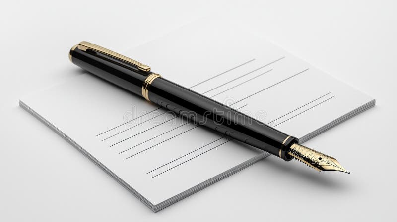 Black Fountain Pen on Blank Notepad, White Background, Writing Concept Stock Illustration ...