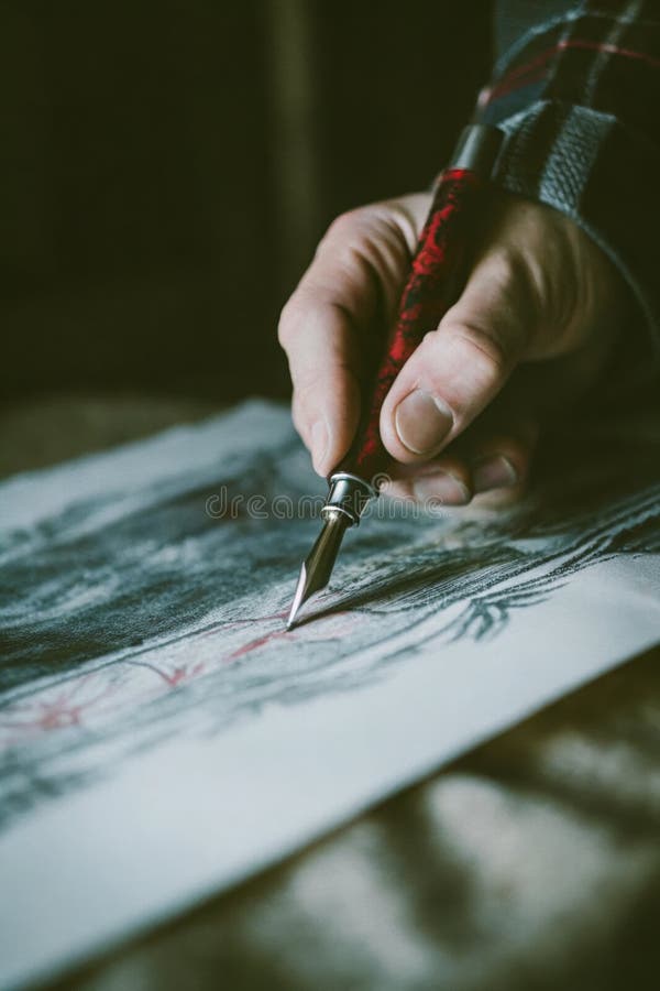 Black Fountain Pen Drawing a Red Line Stock Illustration - Illustration ...