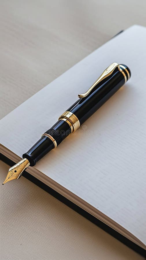 Black Fountain Pen with Gold Accents on Notebook Stock Image - Image of ...