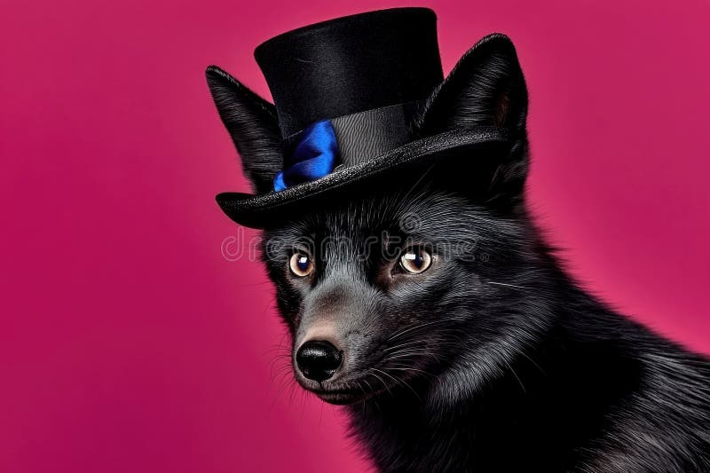 Black Fox Wearing Elegant Top Hat Against Vibrant Pink Background Stock Photo - Image of ears ...