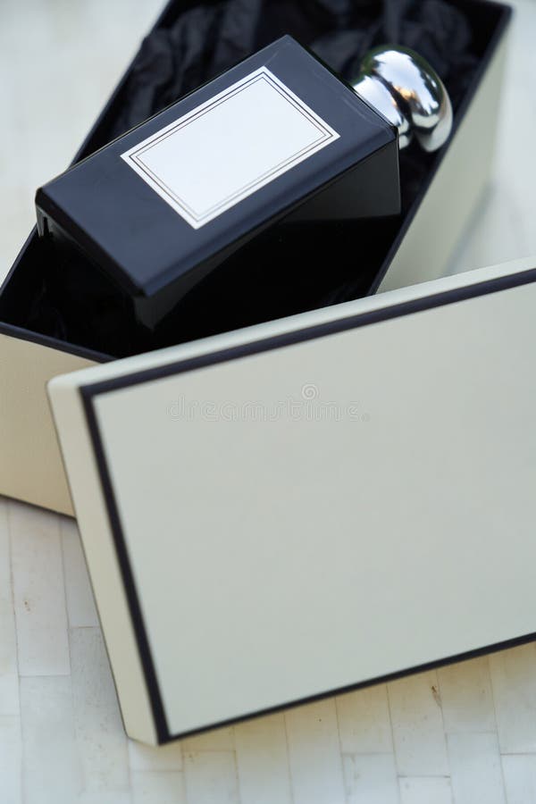 Black Fragrance Perfume Bottle in Open Box. Glass Perfume Bottle Stock ...