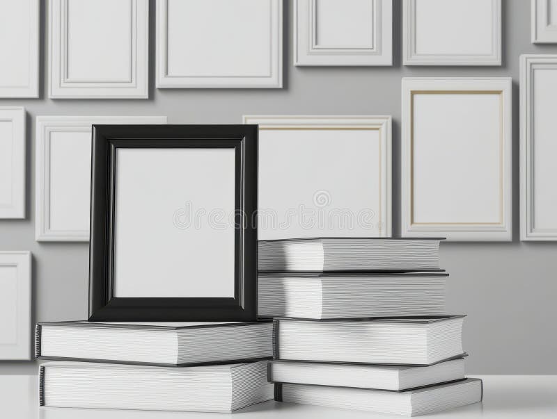 Black Frame Mockup on Stack of Books Against White Frame Wall Stock ...