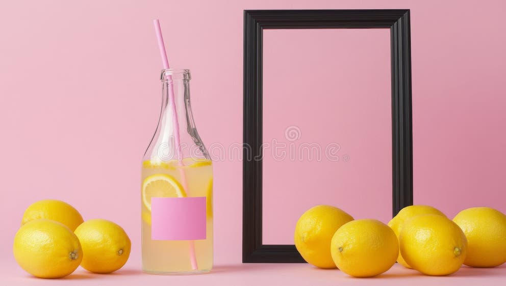 Black Frame with Pink Background and Lemonade Bottle. Stock Photo ...