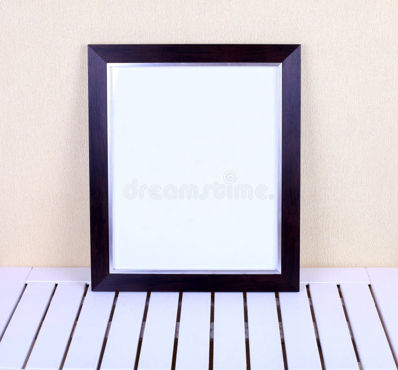 Black Frame on Wooden Table in Modern Interior Stock Image - Image of ...