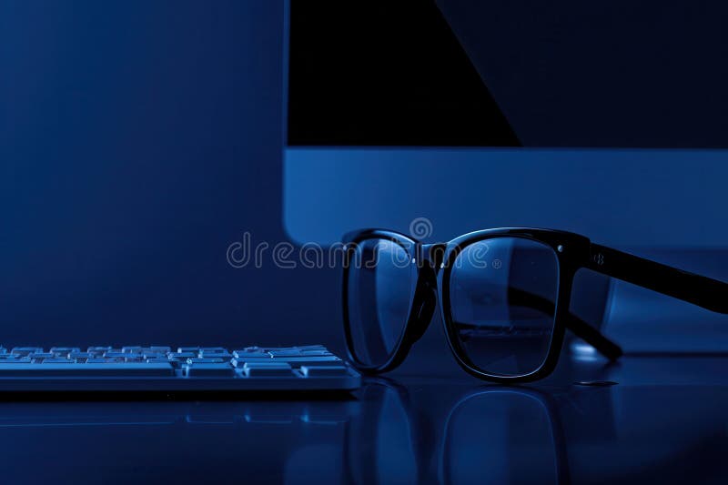 Black Framed Glasses Resting on a Desk Near a Computer Keyboard. the ...